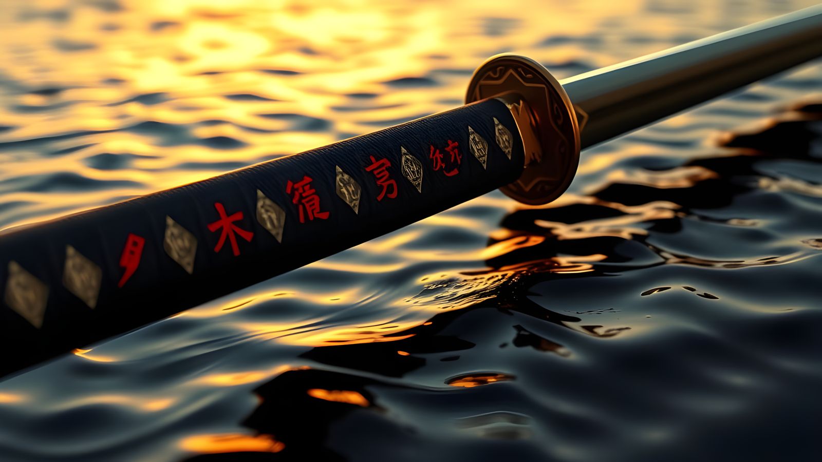Surreal Samurai Katana Lays Serenely on Water, Gol... - AI Art
