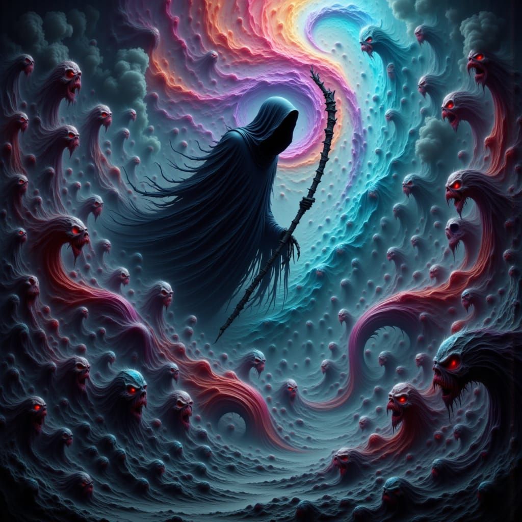 Grim Reaper Melts in Psychedelic Hell Scape with M... - AI Art