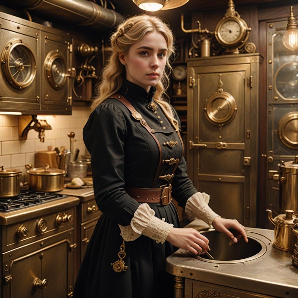 Steampunk Blond Woman Tending to a Vintage Washing... - AI Art