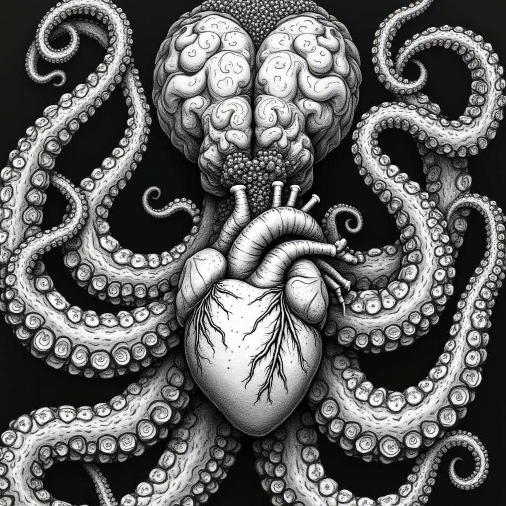 Biomechanical Octopus Heart and Brain Tattoo in Da... - AI Art