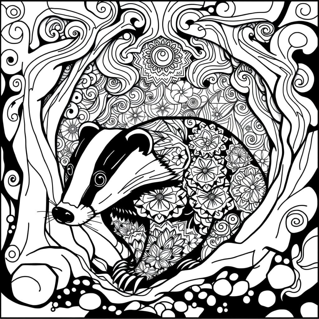 Symmetrical Geometric Badger in Black and White - AI Art