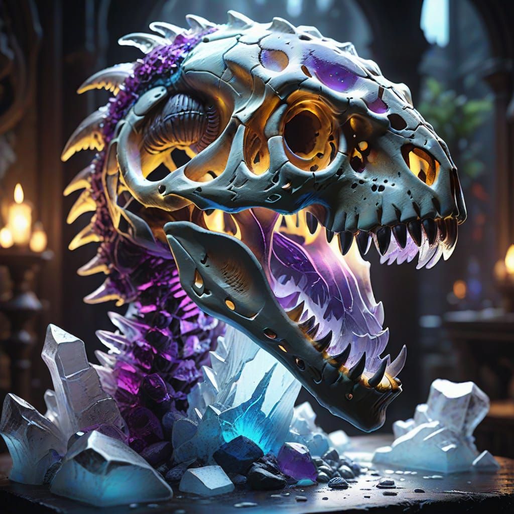 Vibrant Ice Raptor Skull Sculpture in Deep Fantasy... - AI Art