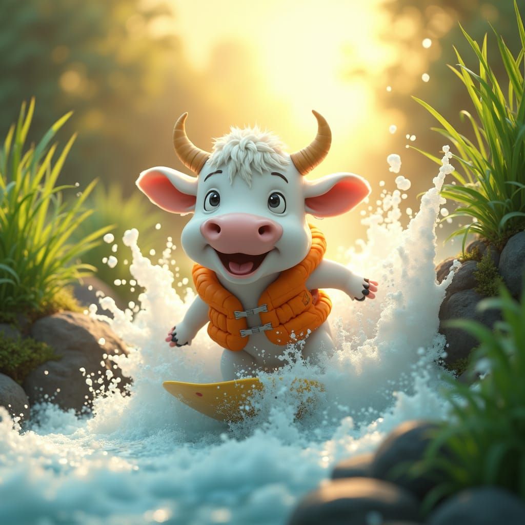 Cute little cow surfing down a waterfall