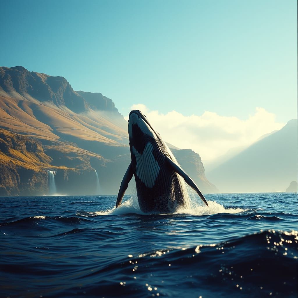 Majestic Whale Leaps in Breathtaking Landscape - AI Art