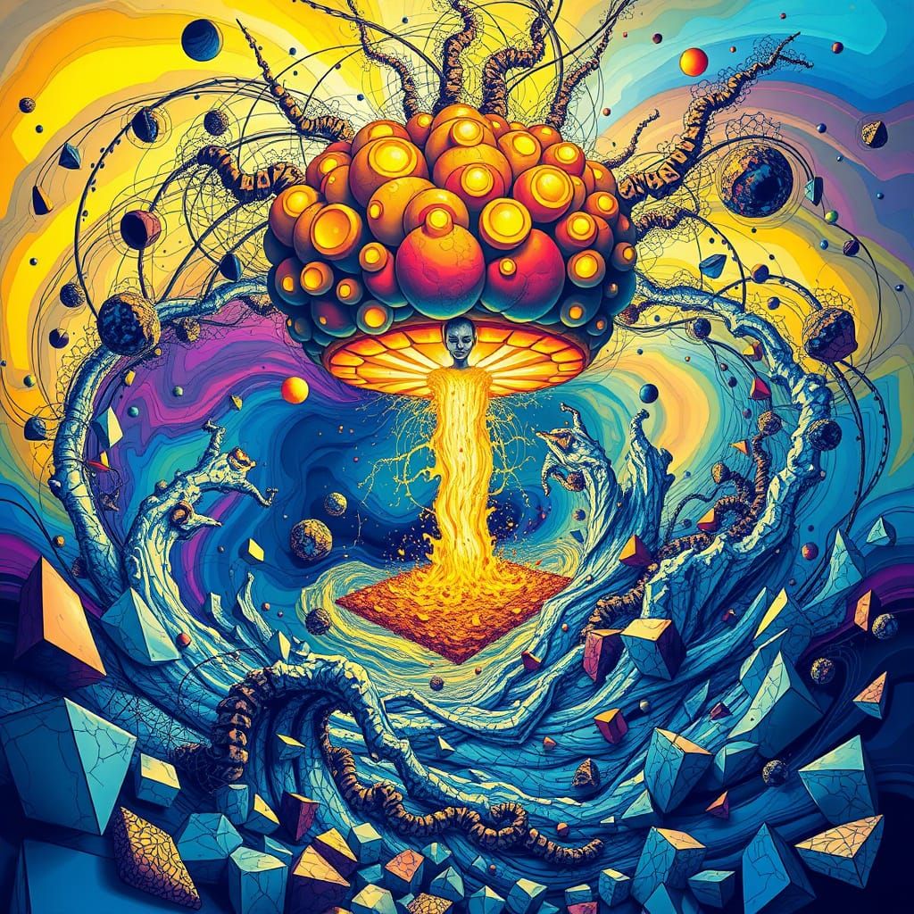 A surreal painting of a hydrogen bomb exploding reality to pieces and ...