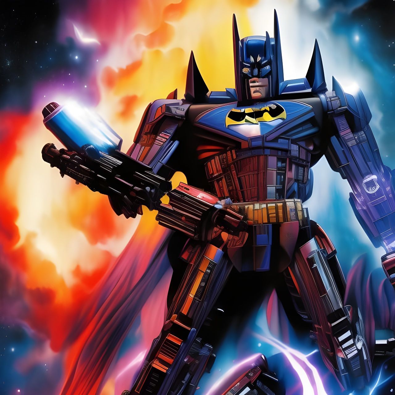 Optimus prime fused with batman, by Jim Cheung, by lisa frank, by greg ...