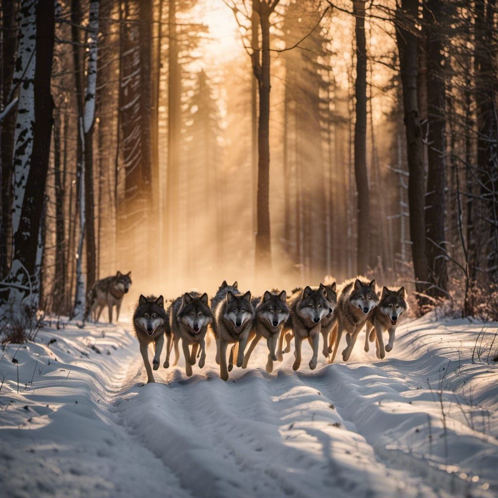 pack of wolves running in forest during golden hour - AI Generated ...
