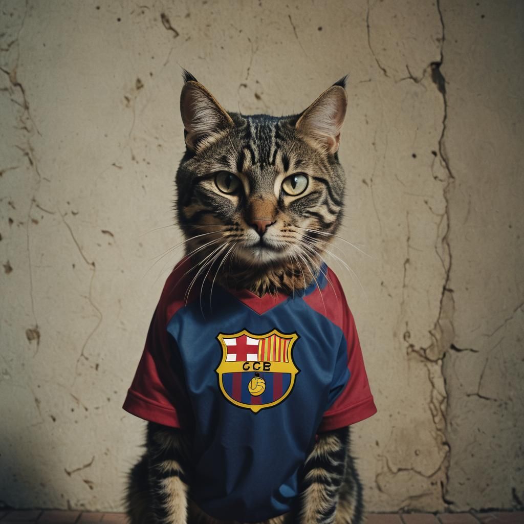 a cat with Barcelona team shirt - AI Generated Artwork - NightCafe Creator