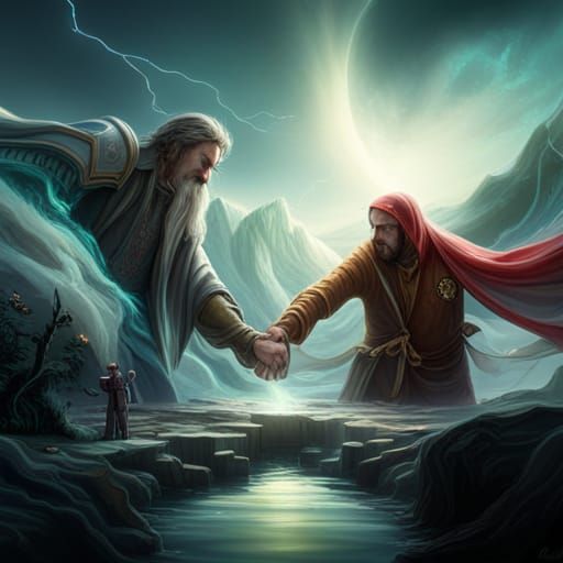 Wizard and warlock arm wrestling in jello Epic cinematic brilliant ...