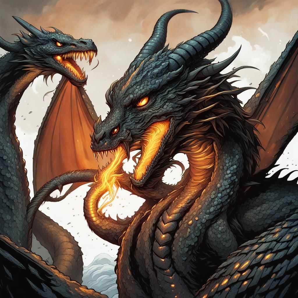 A four-headed dragon made of black smoke attacks an golden giantic ...