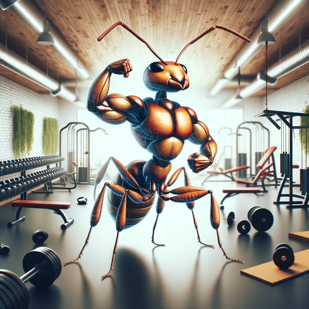 Double exposure. CGI cartoon muscular ant flexing its arms, in gym - AI ...