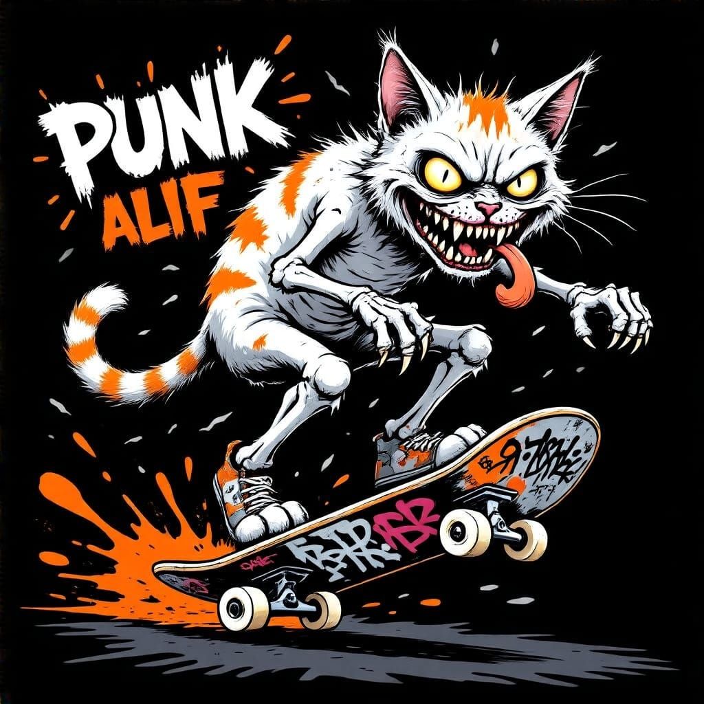Stylized cartoon illustration of a deranged, skinny punk cat, drawn in ...