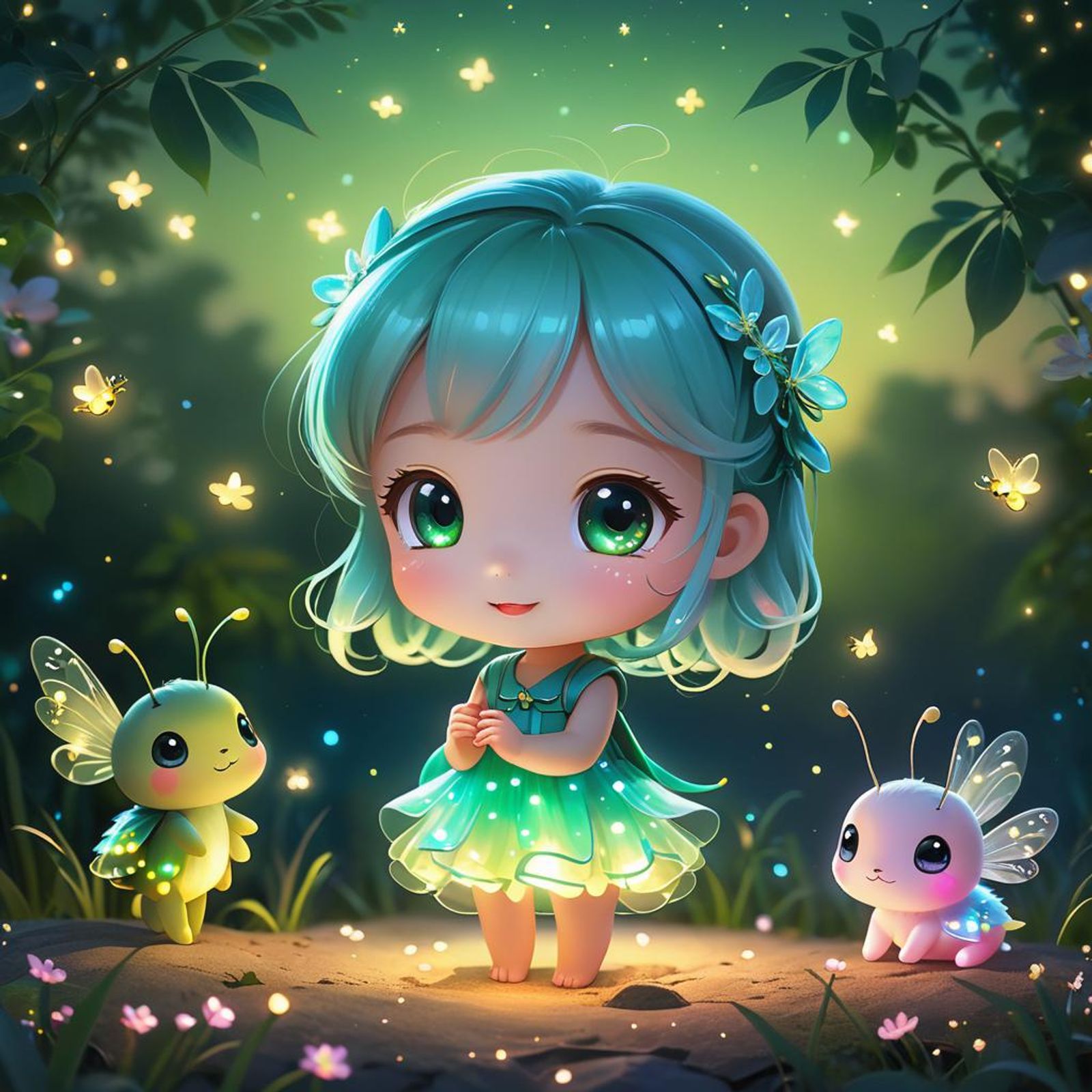 Three chibi-style fireflies with big, sparkling eyes and cute, rounded ...