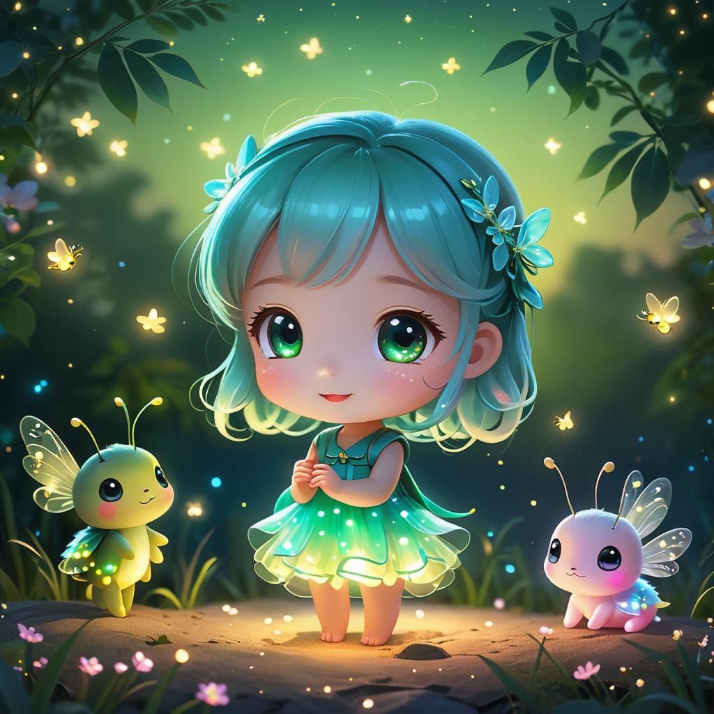 Three chibi-style fireflies with big, sparkling eyes and cute, rounded ...