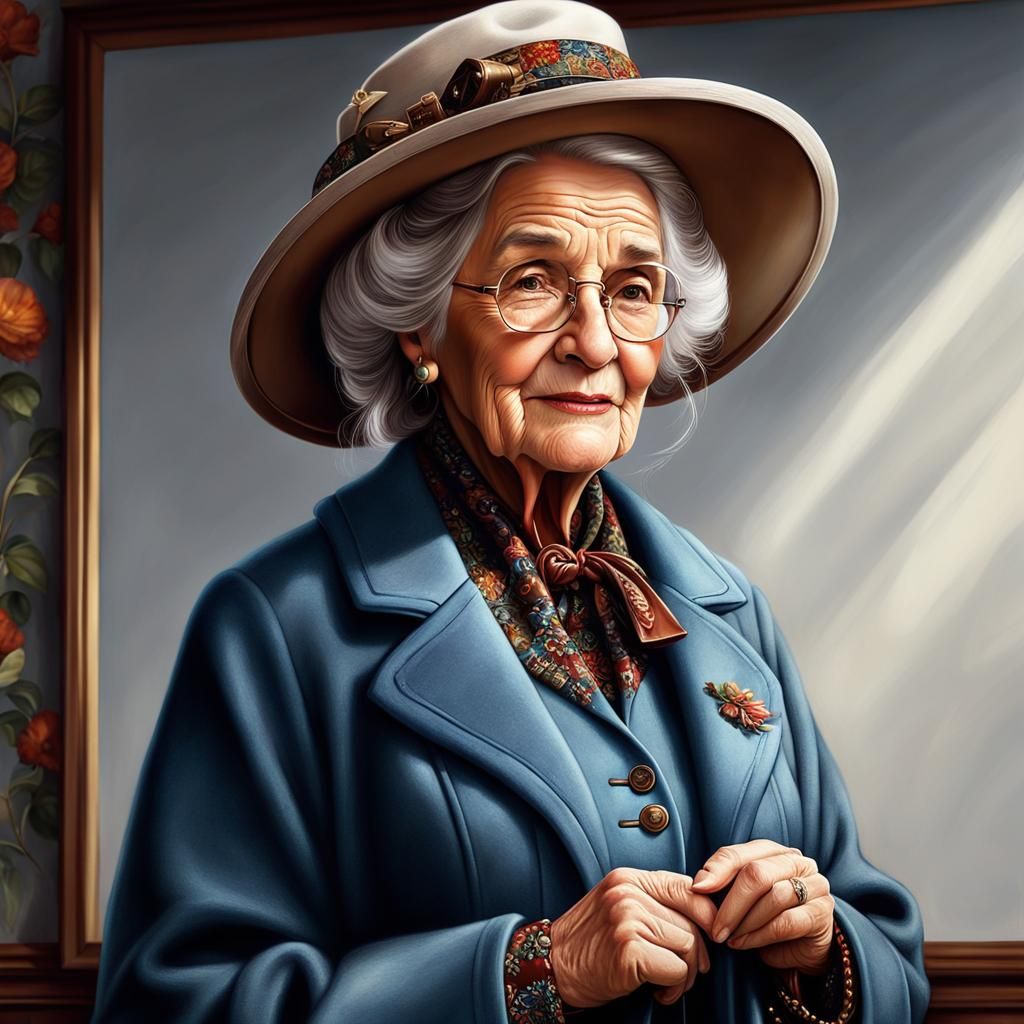 a painting of an old woman wearing a hat and coat, a photorealistic ...