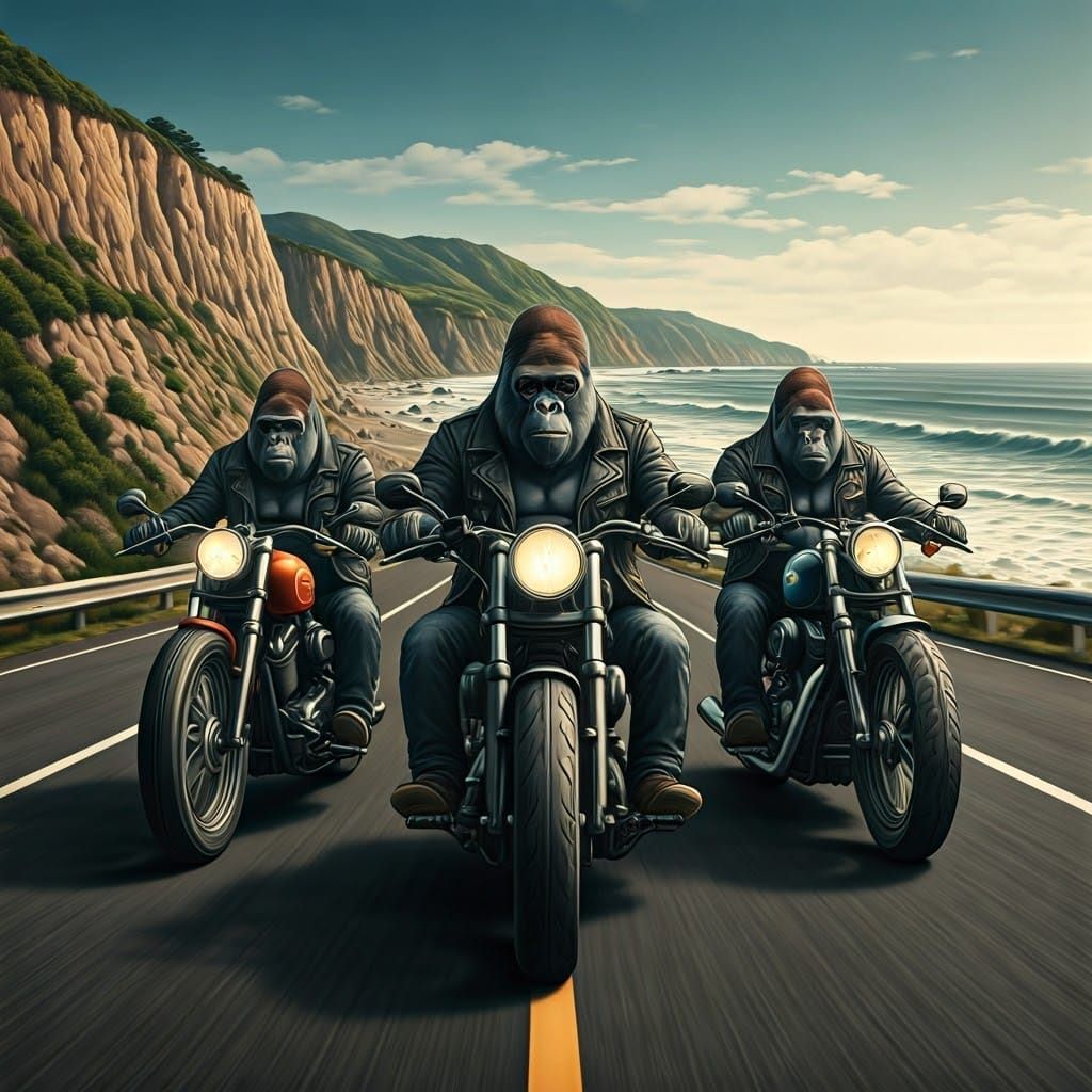 the gorilla bikers on a coastal highway