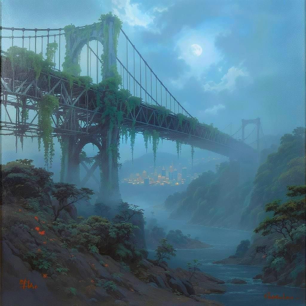 The floating bridge - Overgrown Bridge in Misty Valley: Impr...