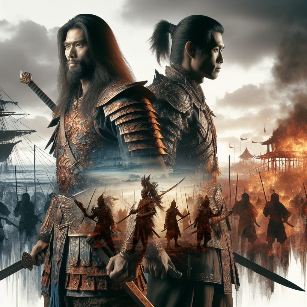 Double exposure portrait of a long hair Malay man warrior and Siamese ...