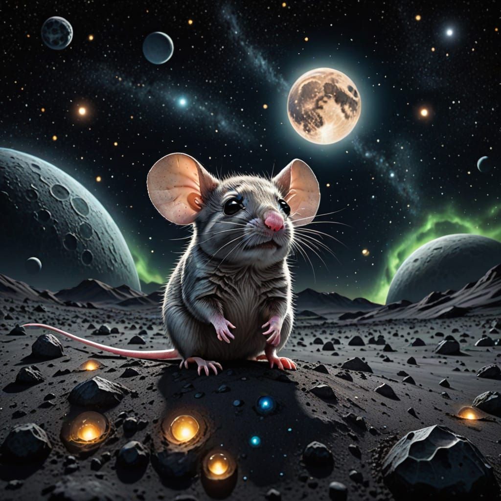 Chibi Mouse Explores Lunar Night Sky with Planets ... - AI Art