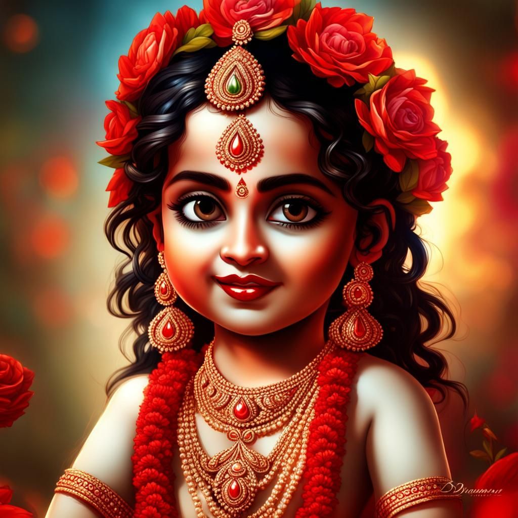 Maa Kali as a little baby bride, beautiful looks, dancing, big brown ...