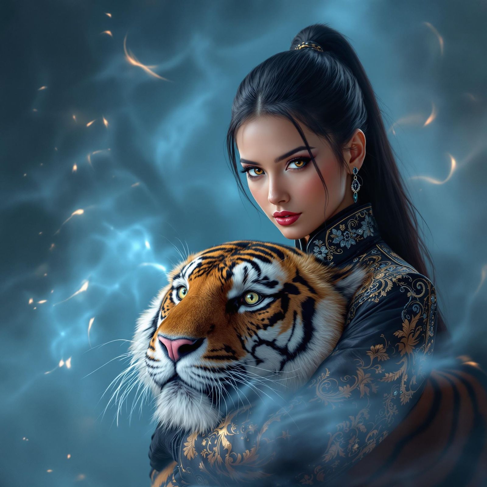 Portrait of a beautiful female tiger trainer with her tigers head and ...