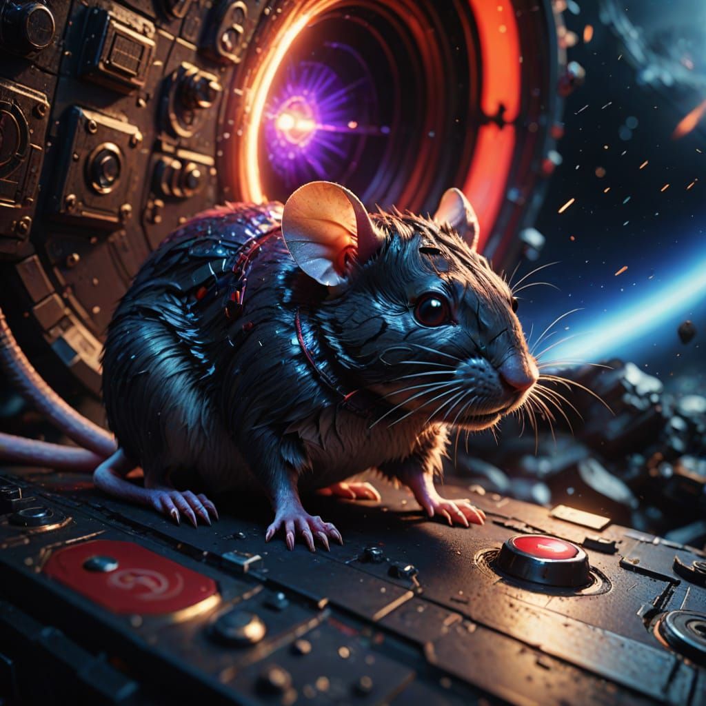 Small Mouse Steps on Red Button in Cinematic Digit... - AI Art