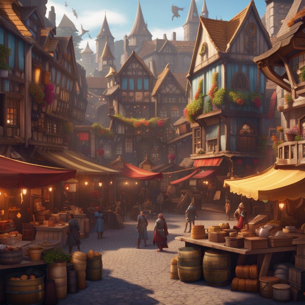 fantasy market square bustling bright lively detailed matte painting ...