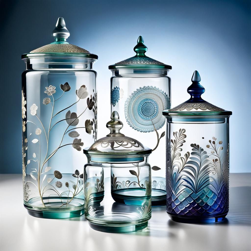 four ((clear)) glass containers ((nested inside each other)). Each ...