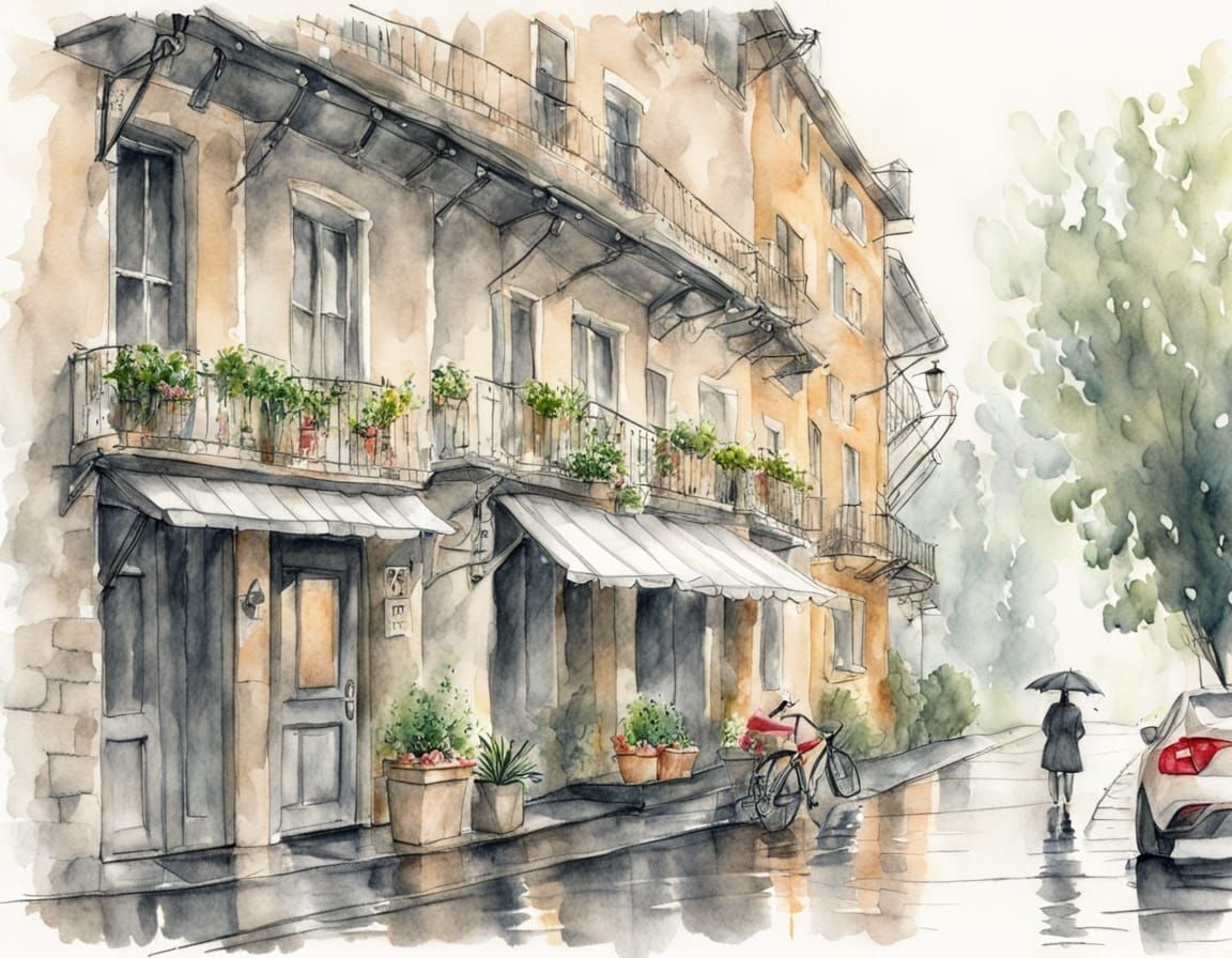 Timeless Rainy Day Scene in Traditional Watercolor... - AI Art
