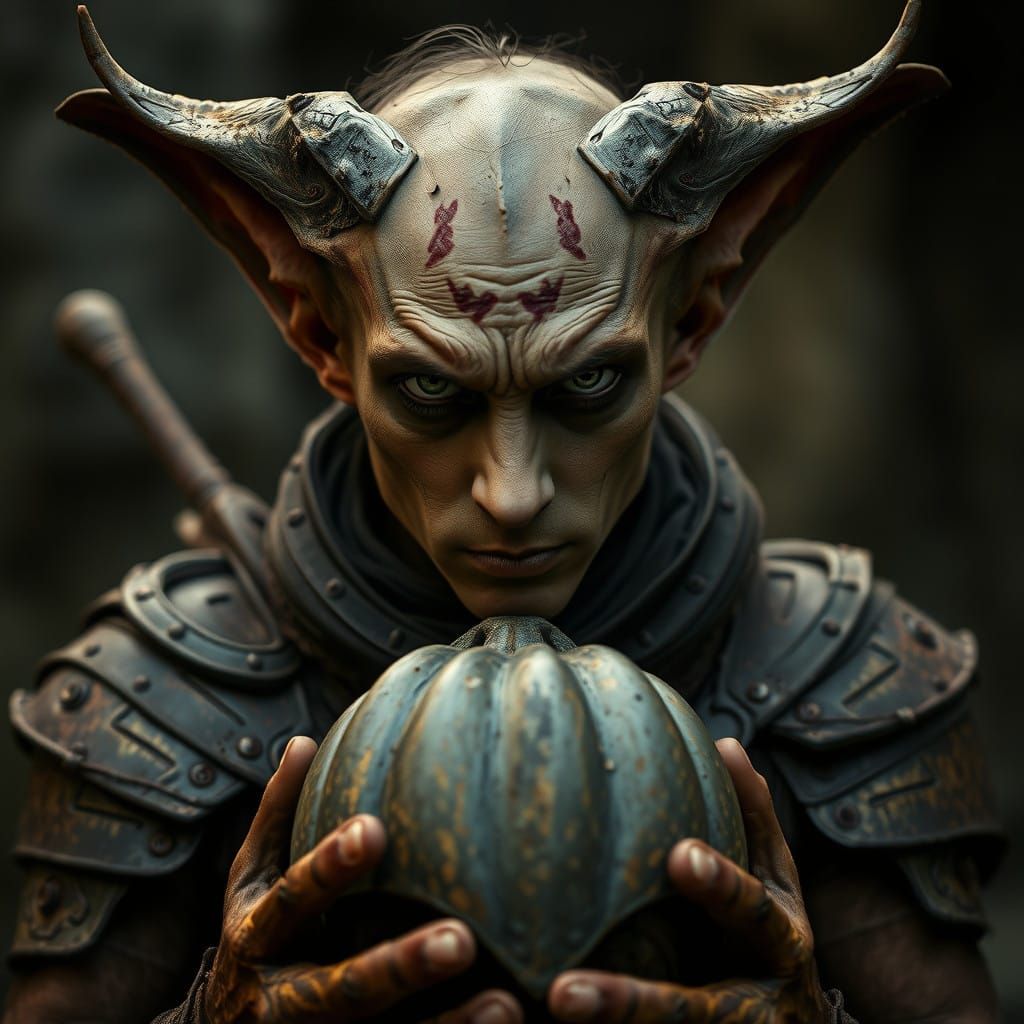 Fae Warrior in Rusted Armor with Green Eyes and Ba... - AI Art