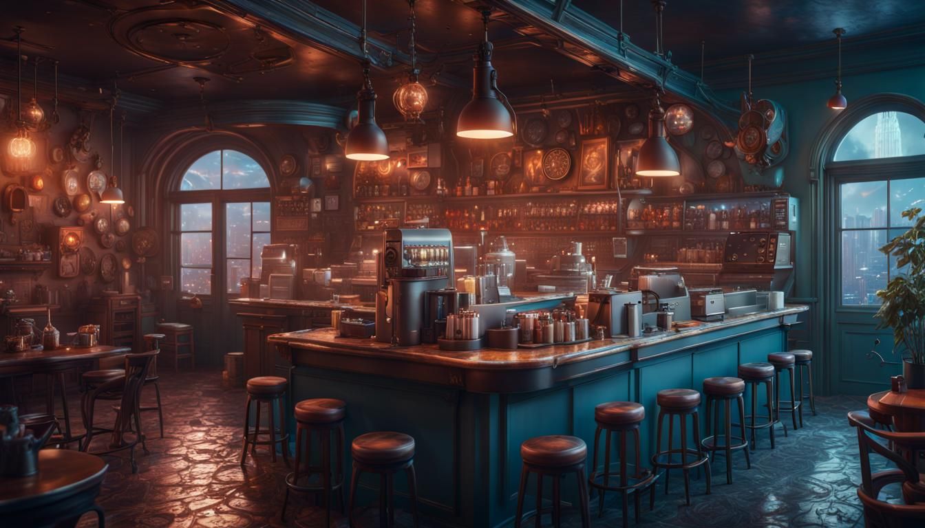 modem day coffeeshop, detailed matte painting, deep color, fantastical ...