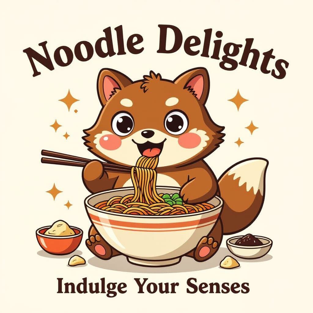 Tanuki's Noodle Delight: A Vintage Cartoon Poster - AI Art
