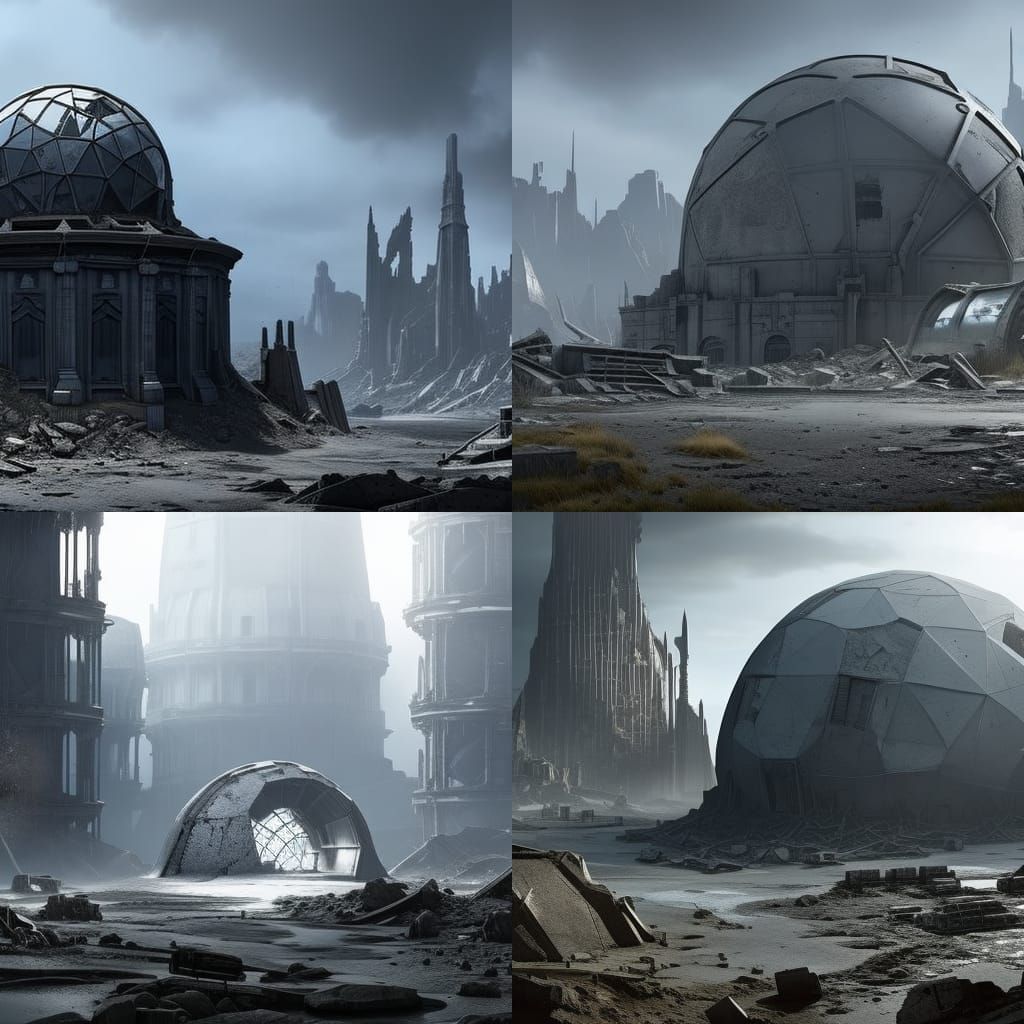 ruined geodesic dome in vast ruined concrete post-apocalypse city - AI ...