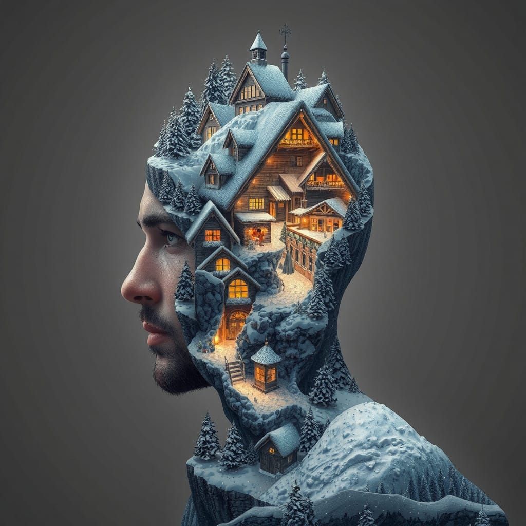 Illusionary concept art inside the head of a man