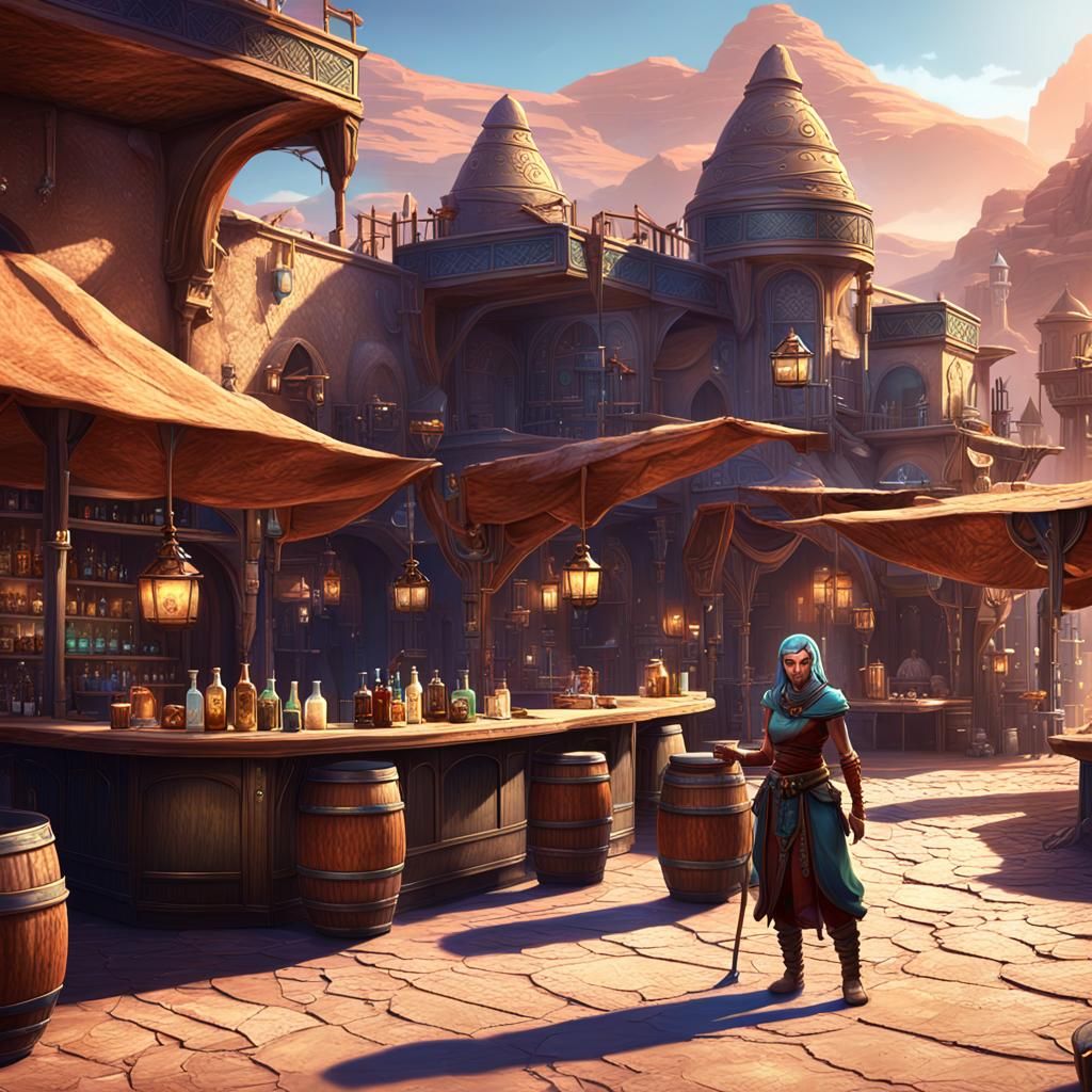 A tavren/bar in a desert city set in the fantastic world of D&D with a ...