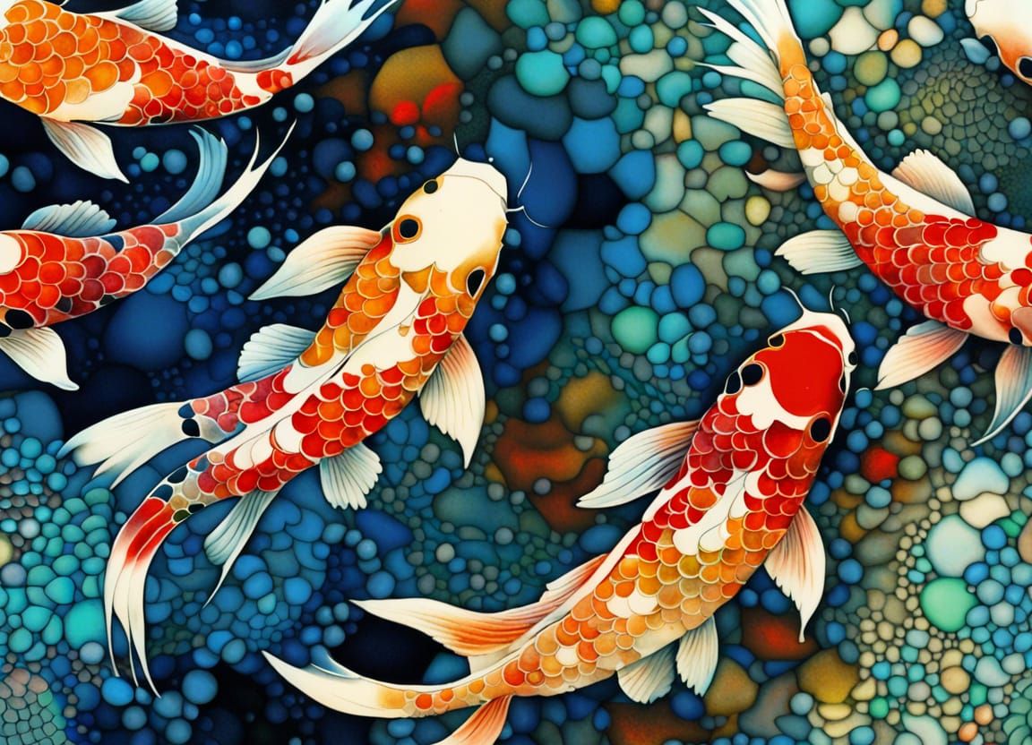 Shin-Hanga, Koi fish in a Koi pond, fractal art in the style of alcohol ...