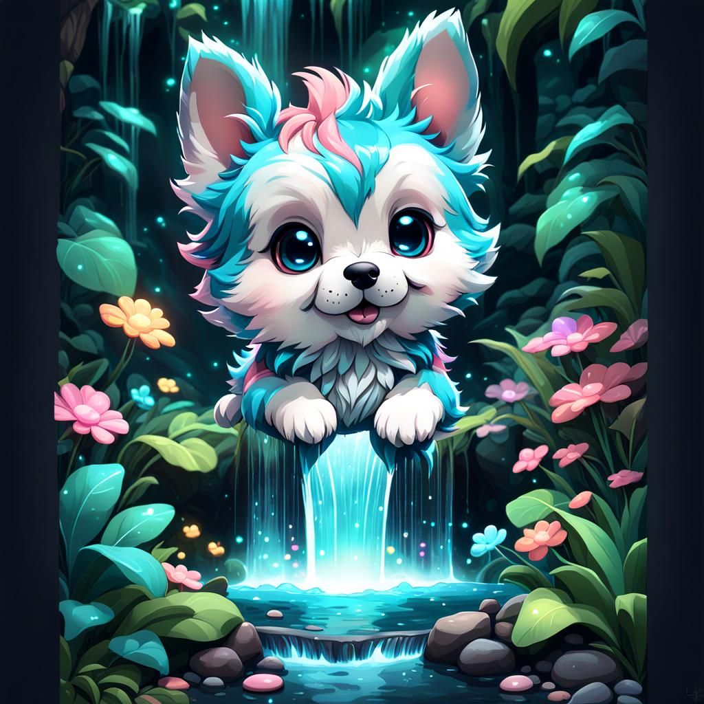 adorable cute chibi baby furry Puppy with a bioluminescent Waterfall in ...