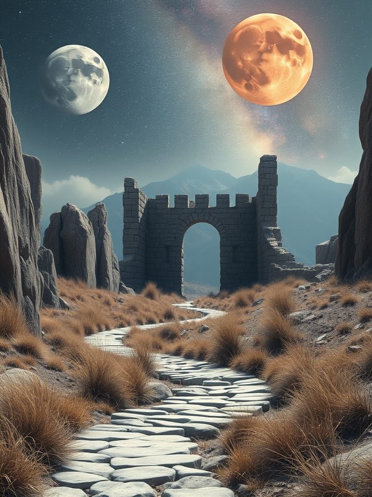 Surreal Landscape of Ancient Ruins and Celestial W... - AI Art