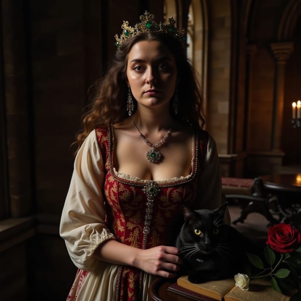 A dramatic and moody portrait of Eleanor of Aquitaine, illuminated solely by the flickering glow ...