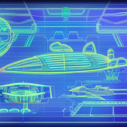 Detailed schematics of a spaceship, blueprints, multiple perspectives ...