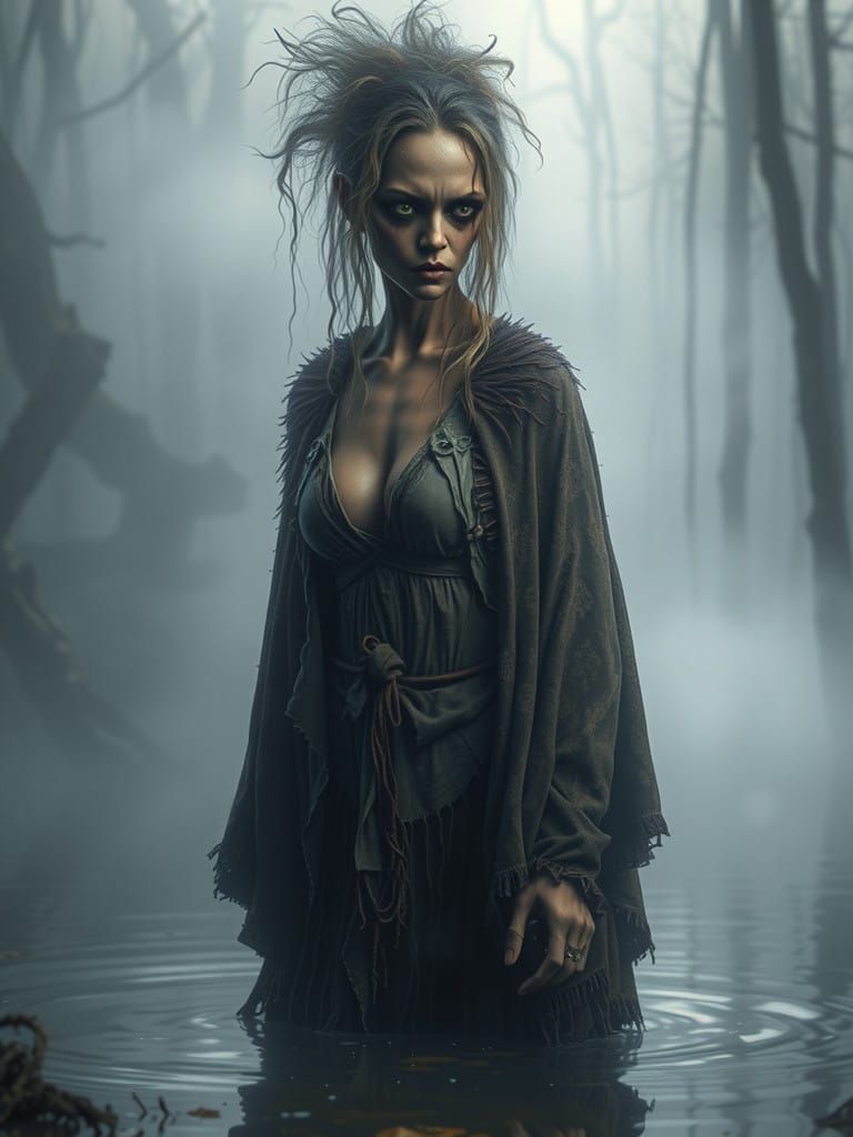 side view from top to bottom, slightly turned head, a scary mysterious ...