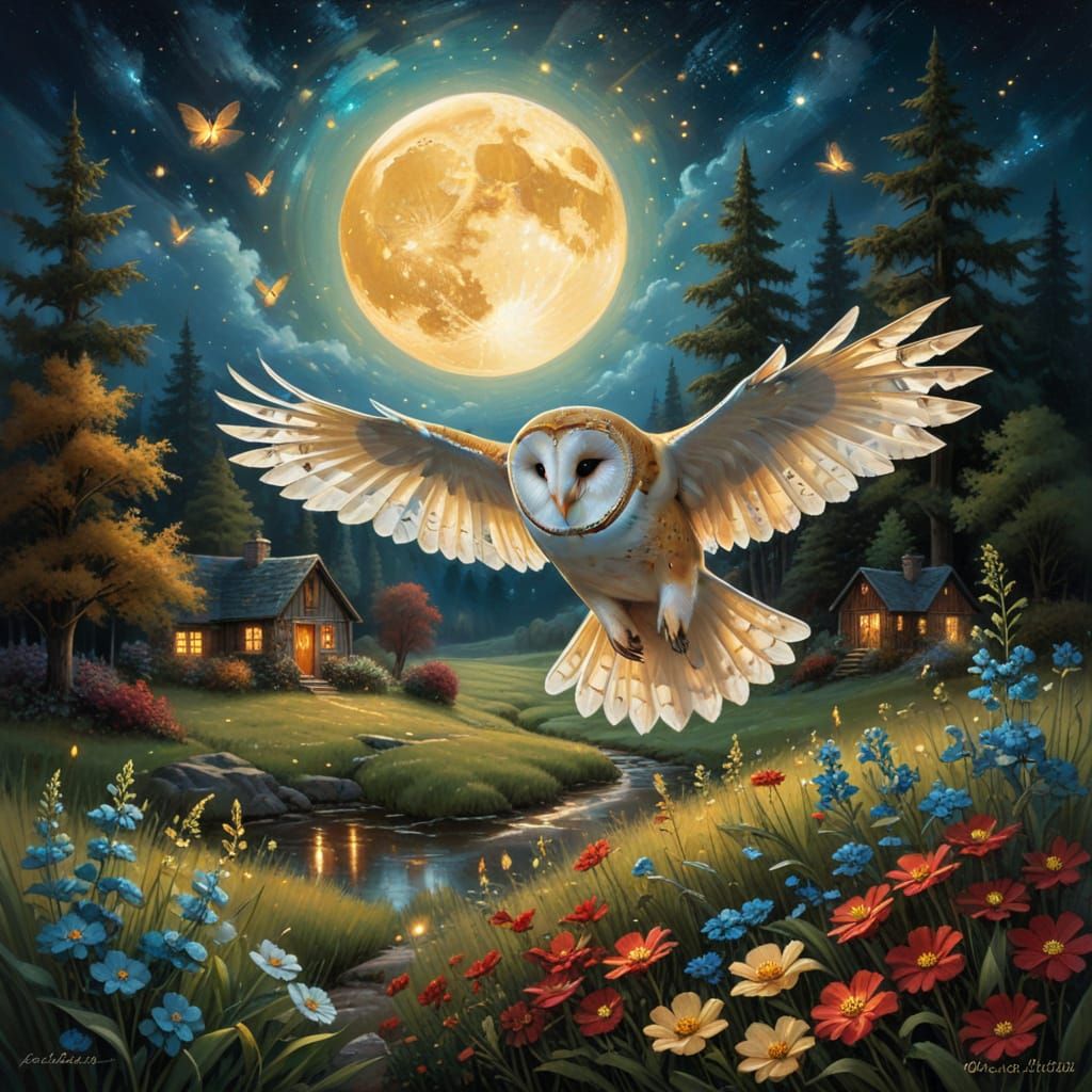 Barn Owl Flies Over Moonlit Meadow - Moonlit Masterpiece: Ba...