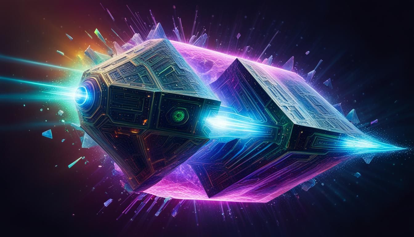 Spaceship, spectrum, laser beam shattering a crystalline inter ...