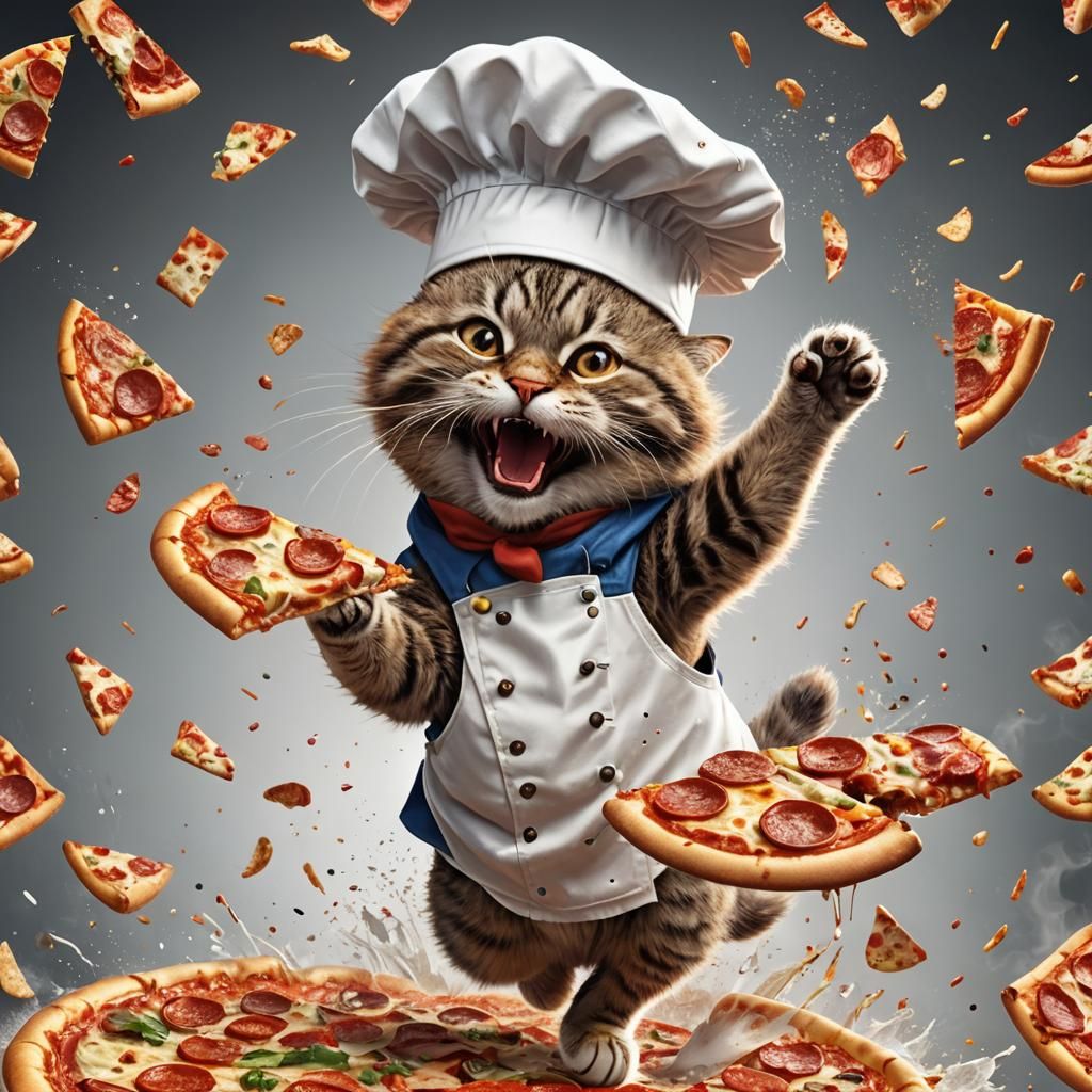 happy fluffy cuit cat in a chef's hat, who throws up pieces of pizza ...
