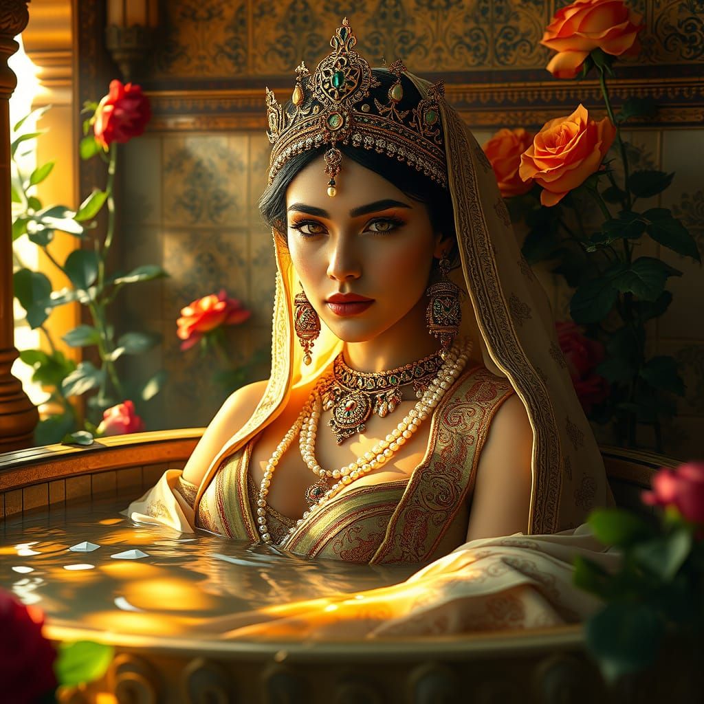 Regal Persian Noblewoman in Majestic Bath - AI Art