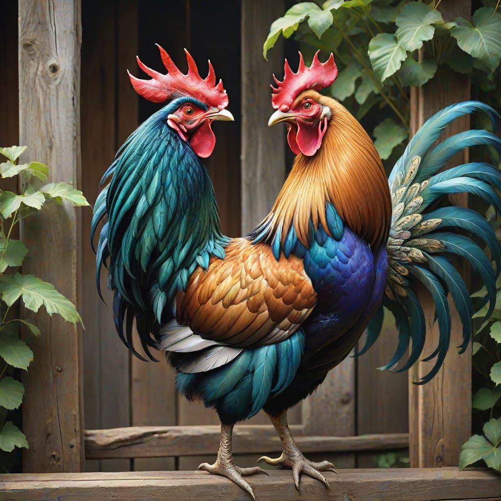[Fail] Prompt: "On the farm, a rooster in extinguishing colours plays ...