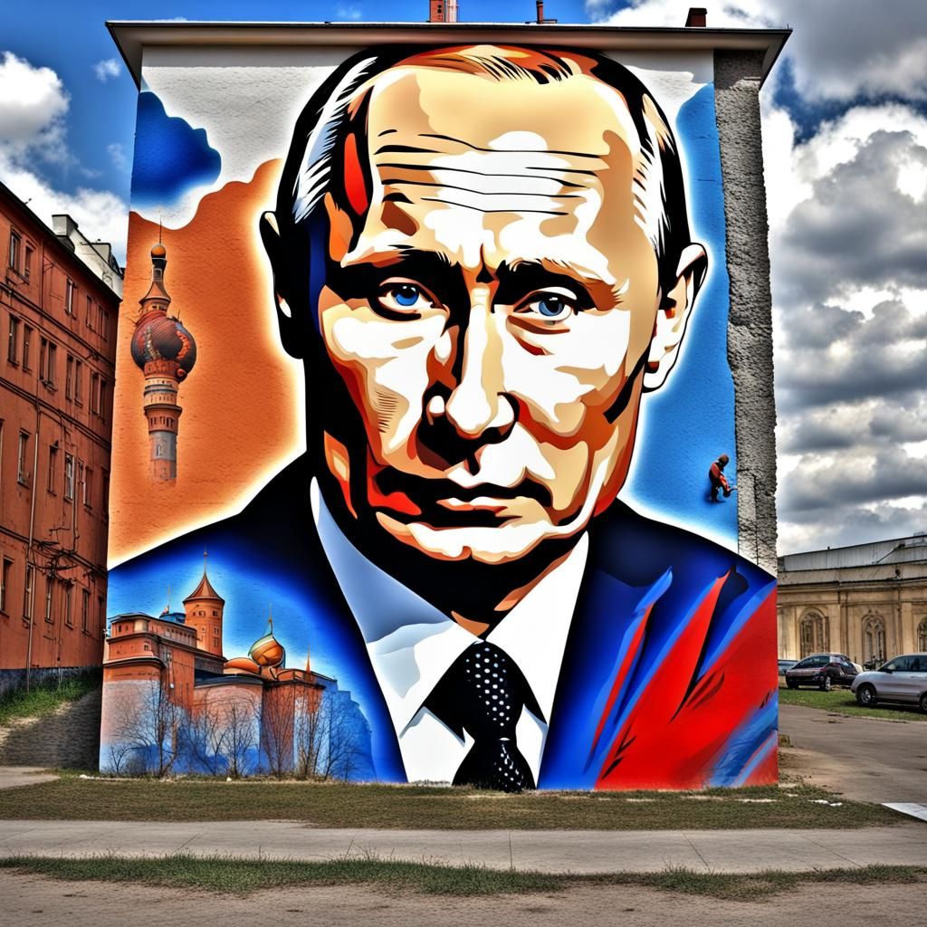 putin, mural artwork, on side of building, hdr, 1440p. real life - AI ...