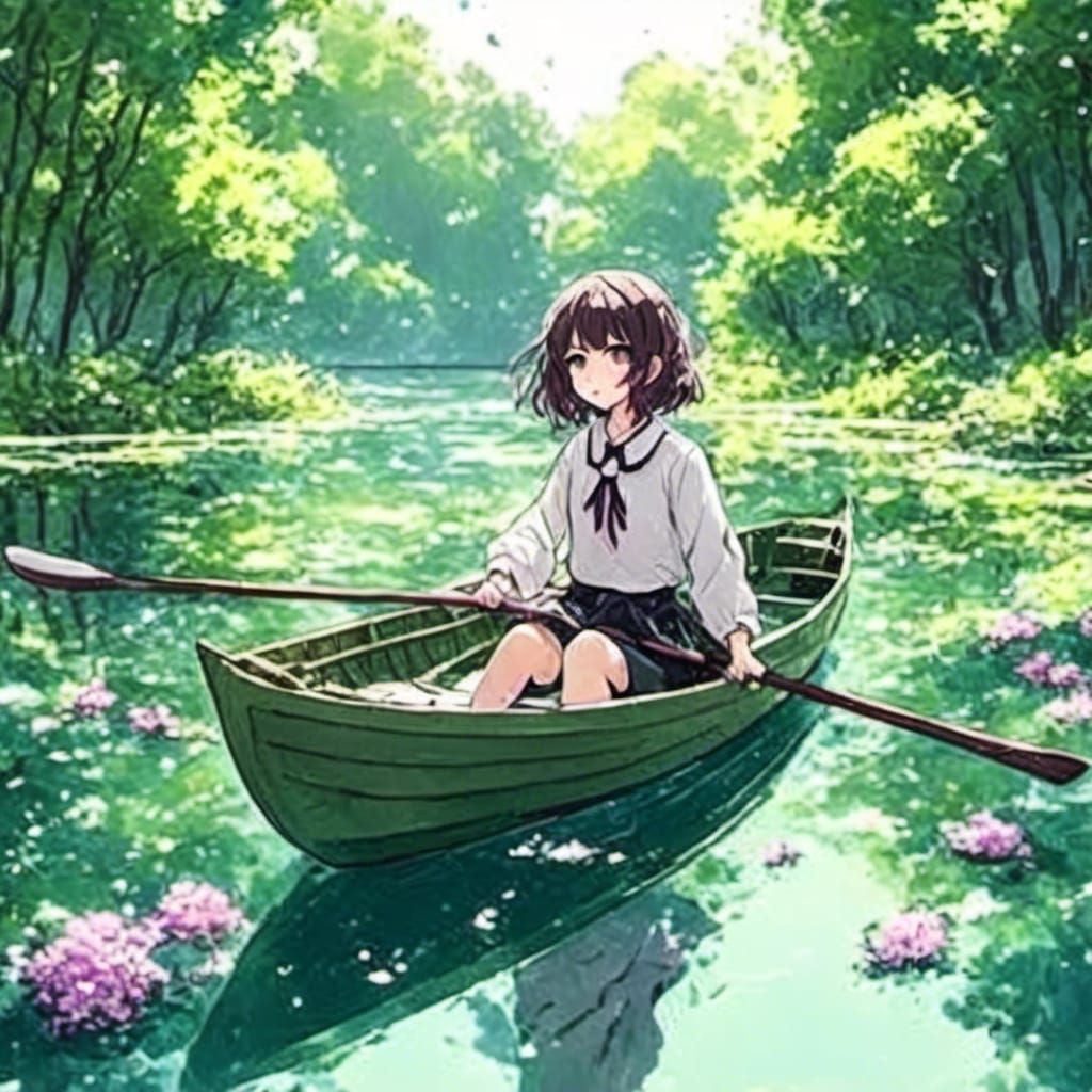 🛶Girl in a boat🛶 - Anime Girl in Rowboat on Serene Lake