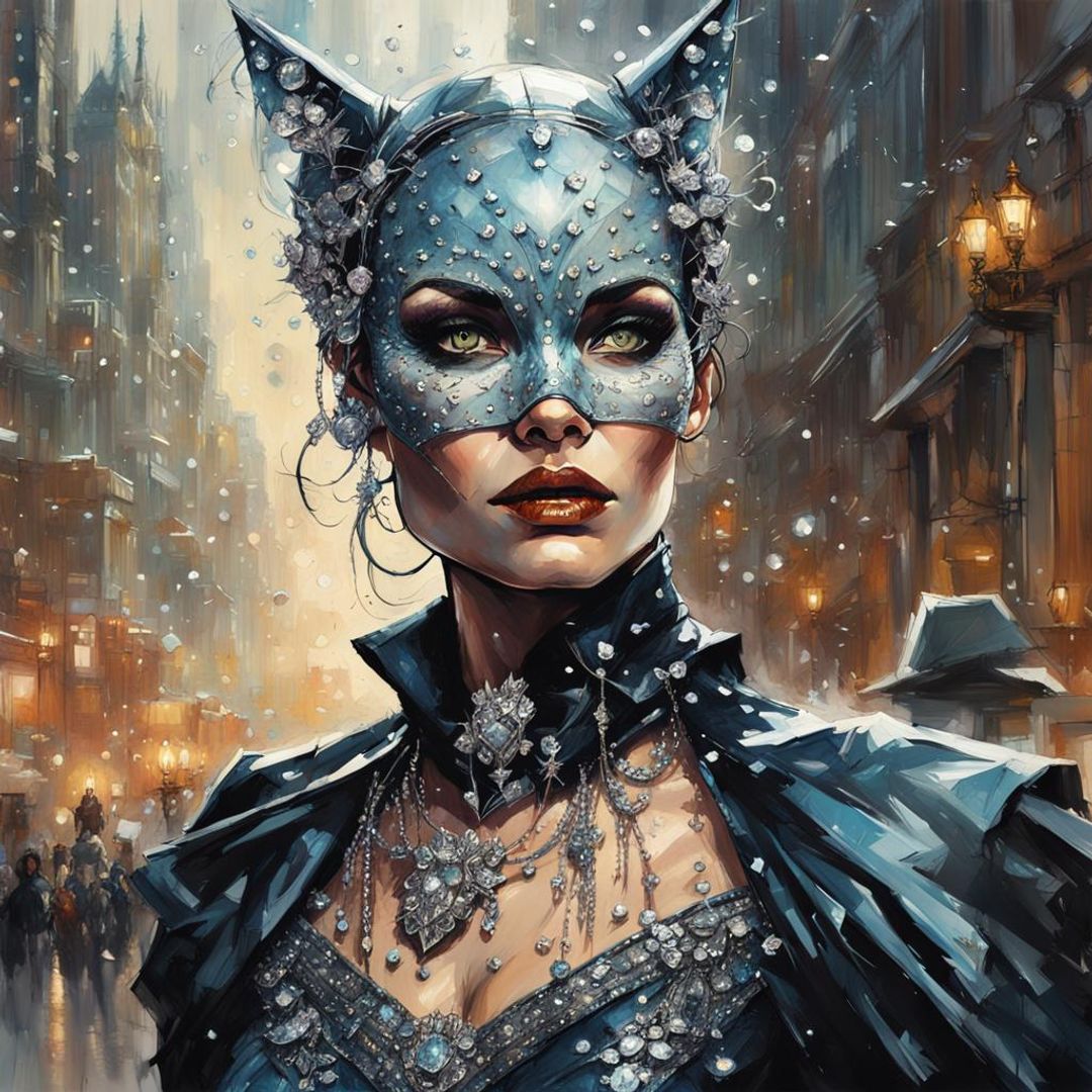 Catwoman covered in diamonds walking down a runway, fashionshow ...