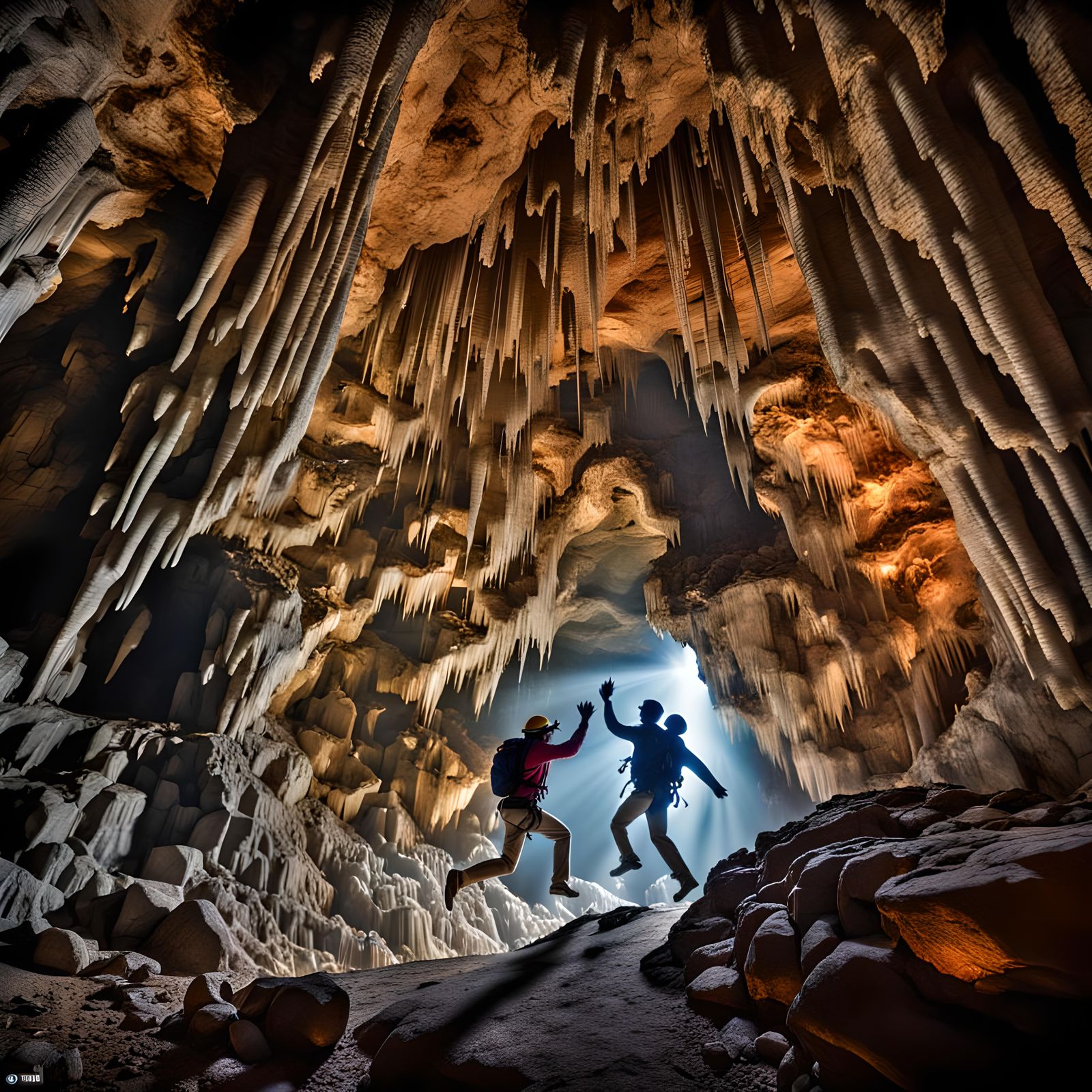 Two cave explorers jumping and high fiving each other upon finding a ...